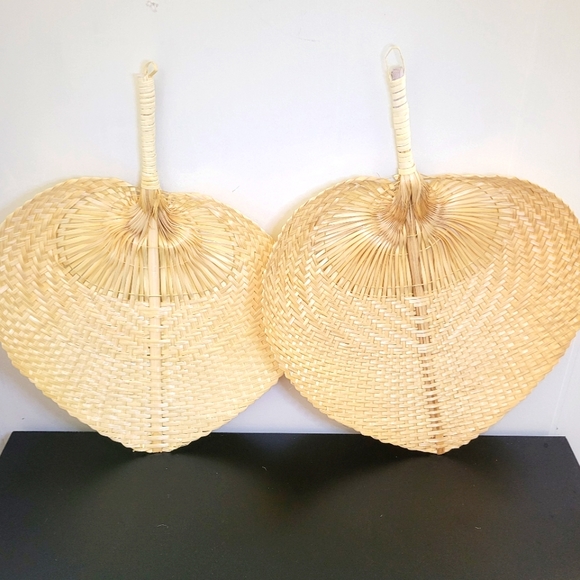 Vintage | Accents | 2 Boho Handmade Fans Decor Bamboo Raffia Rattan ...